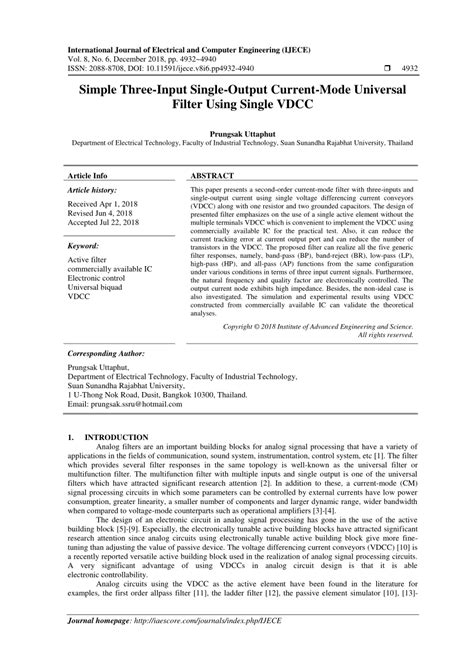 Pdf Simple Three Input Single Output Current Mode Universal Filter Using Single Vdcc