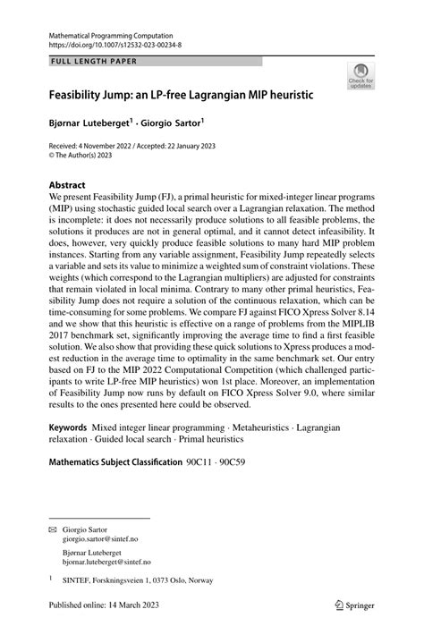 Pdf Feasibility Jump An Lp Free Lagrangian Mip Heuristic