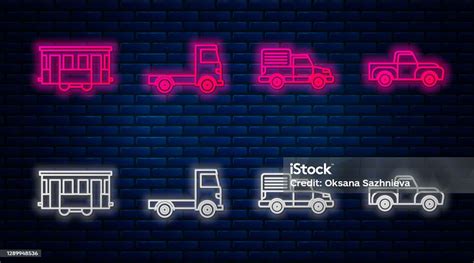 세트 라인 배달화물 트럭 차량 배달화물 트럭 차량 올드 시티 트램 및 픽업 트럭 벽돌 벽에 빛나는 네온 아이콘 벡터 고풍스런에 대한 스톡 벡터 아트 및 기타 이미지 Istock