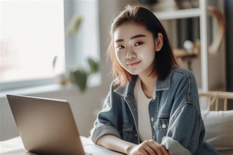 Premium Ai Image Asian Woman Wearing Denim Jacket Working With Laptop