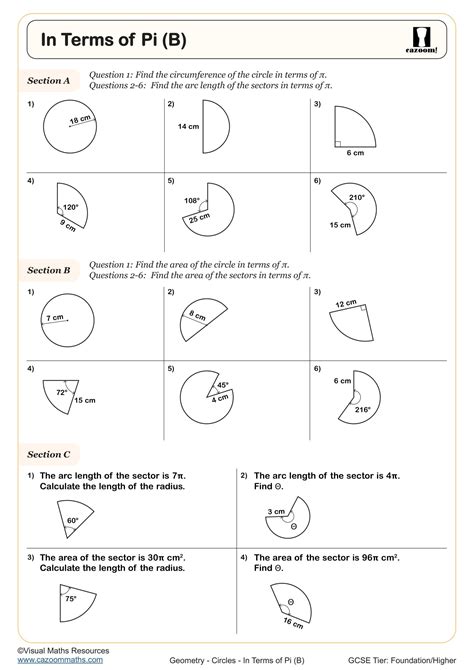 In Terms Of Pi B Worksheet Printable Pdf Year 9 And Year 10 Geometry Worksheet