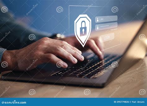 Hands Programmer On Laptop And Hologram For Password Login Cyber