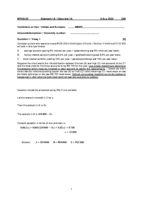 Mths123 2023 Klastoets Class Test 1a Memo F 1 Mths123 Klastoets 1a Class Test 1a 8 Aug 2023