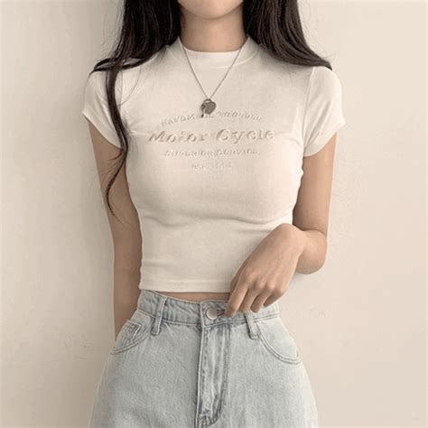 여름반팔크롭티 모터 레터링 자수 크롭 텐셀 반팔티 3color 에이블리