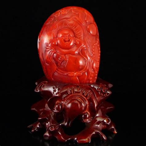 Chinese Nan Hong Agate Laughing Buddha Statue