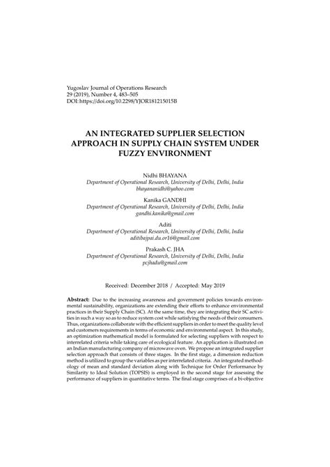 Pdf An Integrated Supplier Selection Approach In Supply Chain System