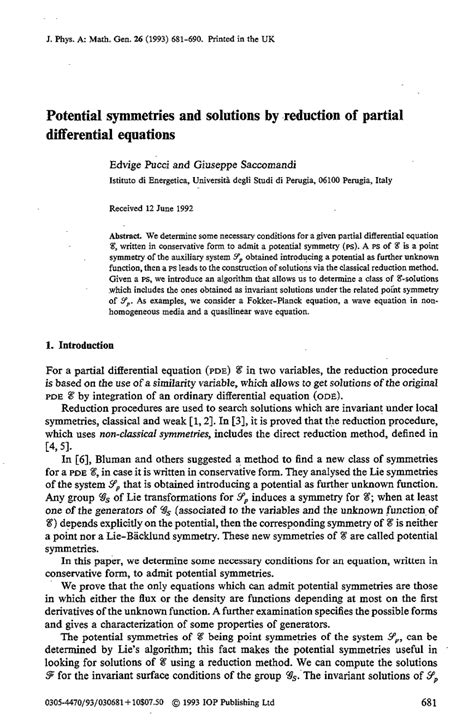 Pdf Potential Symmetries And Solutions By Reduction Of Partial