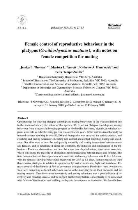 Pdf Female Control Of Reproductive Behaviour In The Platypus