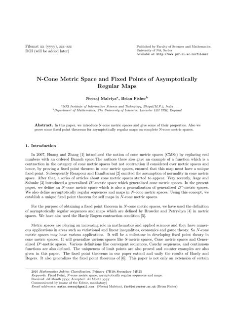 Pdf N Cone Metric Space And Fixed Points Of Asymptotically Regular Maps