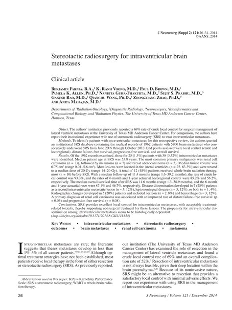 Pdf Stereotactic Radiosurgery For Intraventricular Brain Metastases