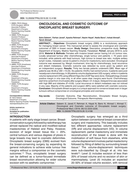 Pdf Oncological And Cosmetic Outcome Of Oncoplastic Breast Surgery
