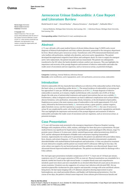 Pdf Aerococcus Urinae Endocarditis A Case Report And Literature Review