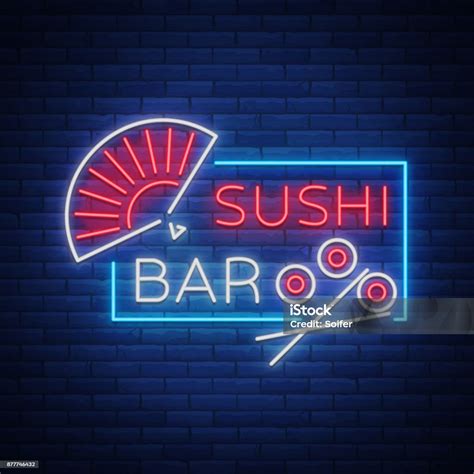 벡터 네온 사인 로고 스시 바 아시아 패스트 푸드 스트리트 바 또는 상점 초밥 연어와 삼각 젓가락 고립으로 롤 밤 Sashi 밝은 빛나는 광고 네온 Bobbler 해산물