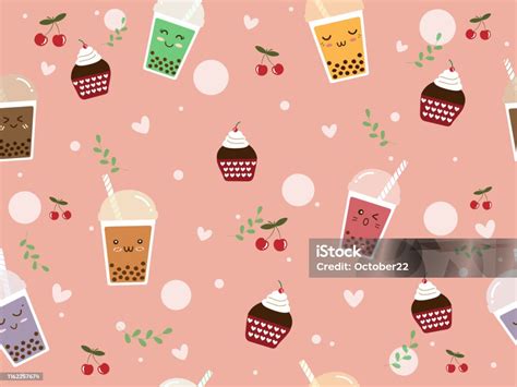 다양 한 맛 달콤한 갈색 설탕 거품 우유 차 또는 보바 차 귀여운 미소 재미 만화 얼굴과 컵 케이크의 원활한 패턴 컵 트렌디 한 음료 파스텔 핑크 배경에 그림 벡터입니다