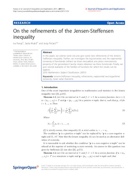 Pdf On The Refinements Of Jensen Steffensen Inequality Sadia Khalid