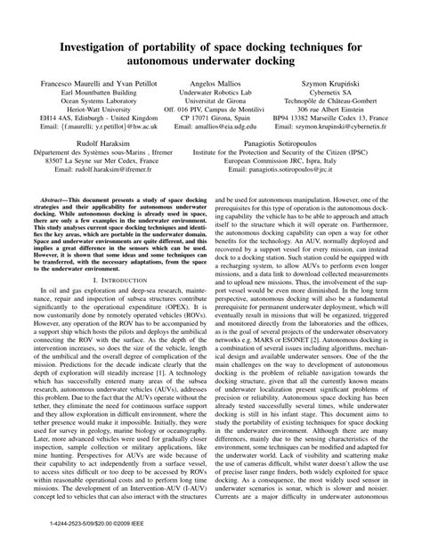 Pdf Investigation Of Portability Of Space Docking Techniques For Autonomous Underwater Docking