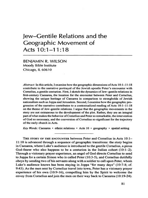 Jew Gentile Relations And The Geografic Movement Of Acts 10 1 11 18 Pdf