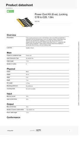 16 APC AP8716S Power Cord Kit Locking C19 To C20 1 8m For Networking At Rs 1350 Piece In Pune