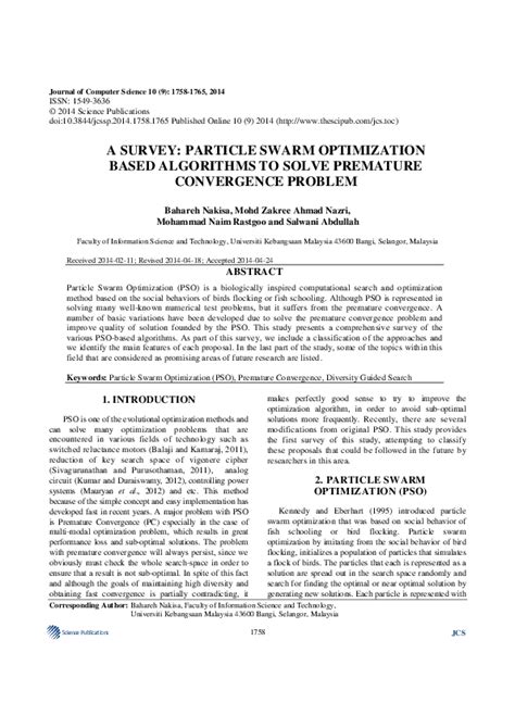 Pdf A Survey Particle Swarm Optimization Based Algorithms To Solve Premature Convergence Problem