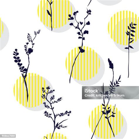 현대 노란색 스트라이프 폴카 도트 섬세 한 꽃 벽지에 벡터 꽃 식물원 실루엣 완벽 한 패턴 0명에 대한 스톡 벡터 아트 및 기타