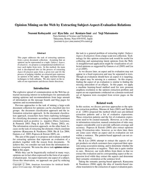 Pdf Opinion Mining On The Web By Extracting Subject Aspect Evaluation