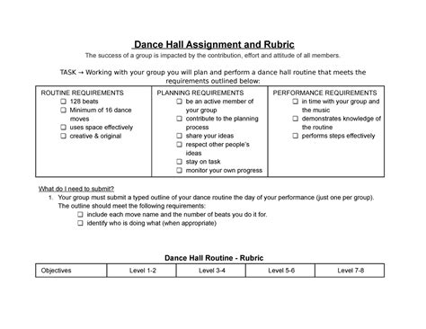 Dance Hall Assignment And Rubric Task → Working With Your Group You