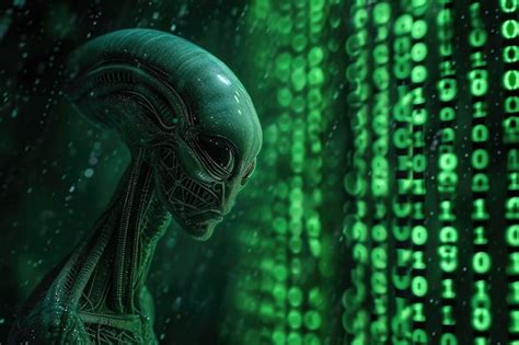 Premium Ai Image An Alien Amidst A Cascade Of Green Binary Code