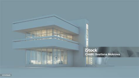 Wndows3d 일러스트레이션의 야간 조명과 조명이 있는 흰색 소재의 현대적인 코티지 하우스 프로젝트 3d 렌더링 스톡