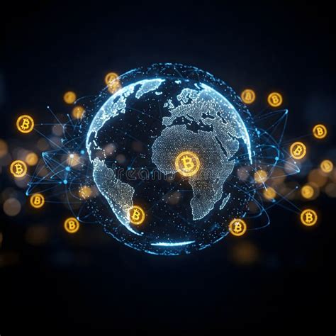 A Glowing Digital Globe Surrounded By Golden Bitcoin Symbols Connected By A Network Of Blue