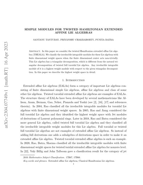 Pdf Simple Modules For Twisted Hamiltonian Extended Affine Lie Algebras