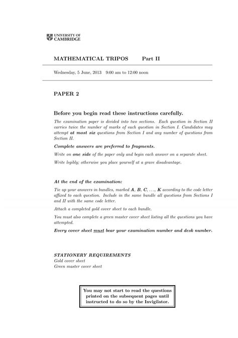 Mathematical Tripos Part Ii Paper 2 Before You Begin Read