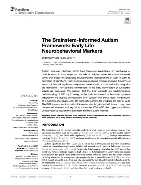 Pdf The Brainstem Informed Autism Framework Early Life Neurobehavioral Markers
