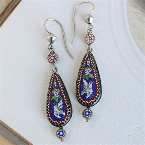 Victorian Long Silver Micro Mosaic Bird Earrings The Eden Collective