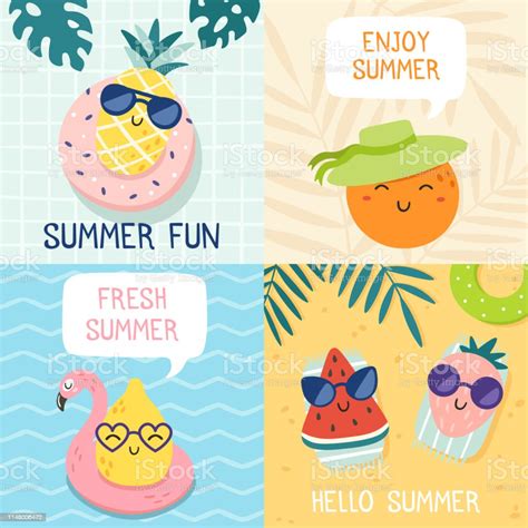 안녕하세요 여름 포스터입니다 재미 있은 과일 선글라스와 열 대 과일에서 파인애플 해변 파티 배너 벡터 일러스트 레이 션 세트 개체 그룹에 대한 스톡 벡터 아트 및 기타