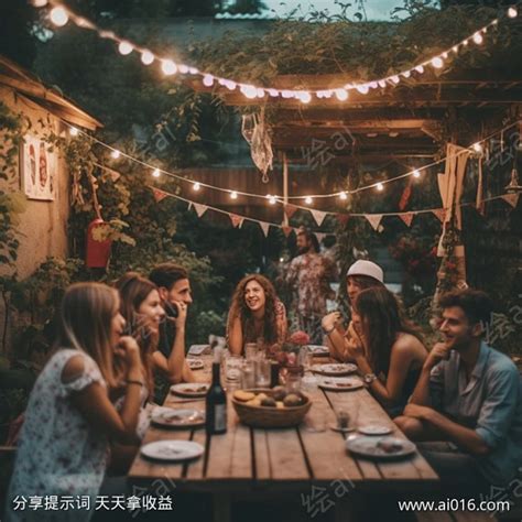 在后院开派对的人们 提示词查看 Midjourneyai绘图工具关键词描述词咒语 1024x1024像素 庭院 露天 派对 彩灯 食物 木桌 人群 快乐 宝丽来照片 提示词编号