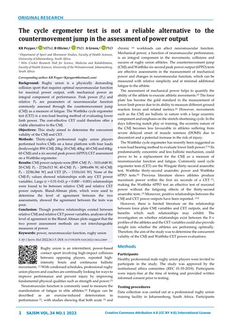 PDF The Cycle Ergometer Test Is Not A Reliable Alternative To The Countermovement Jump In The