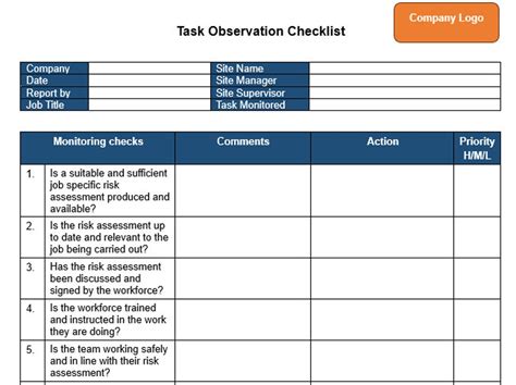 Health And Safety Task Observation Checklist Digital Template Task