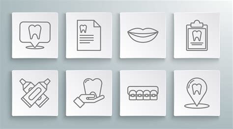 치약의 교차 튜브 치과 카드가있는 클립 보드 치아 치아 교정기 치과 진료소 위치 웃는 입술 및 아이콘을 설정합니다 벡터 치아 건강에 대한 스톡 벡터 아트 및 기타 이미지