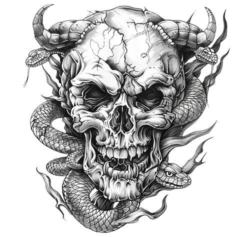 Tattoo Art Skull Devil Mask And Snake Drawing Sketch Black And White