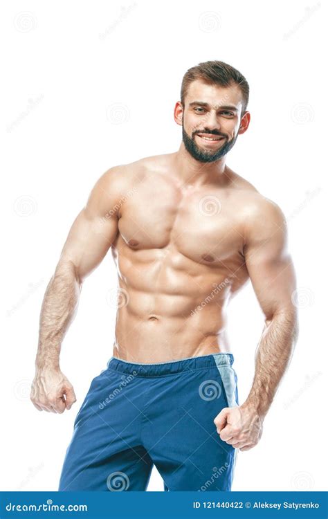 представлять культуриста Красивая Sporty сила мужчины парня Фитнес Muscled в голубых шортах На