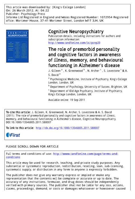 Pdf The Role Of Premorbid Personality And Cognitive Factors In Awareness Of Illness Memory