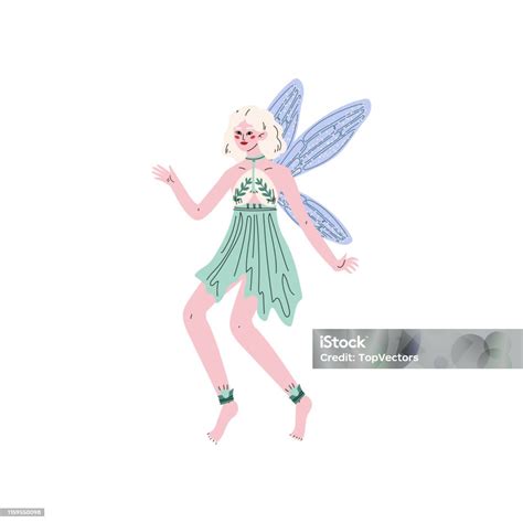 아름다운 숲 요정 또는 님프 와 날개 예쁜 금발의 소녀 녹색 드레스 벡터 일러스트 가공의 인물에 대한 스톡 벡터 아트 및 기타 이미지 가공의 인물 공주 귀여운