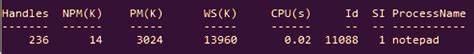Handles Npm K Pm K Ws K Cpu S Id Si Processname 236 14 3024 13960 0 02 11088 1 Notepad