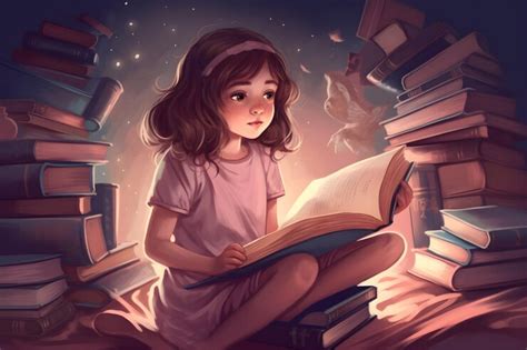 Premium Photo A Girl Reading A Book In A Stack Of Books
