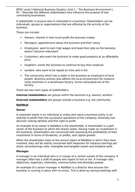 Btec Business Level 3 Unit 1 P2 Describe The Different Stakeholders Who Influence The Purpose