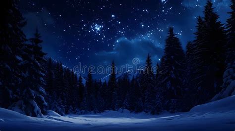 Night Sky Filled With Stars Over A Snow Covered Forest With Tall