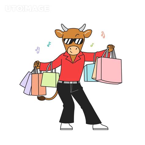 소 캐릭터가 쇼핑백을 들고 춤추는 쇼핑이벤트 벡터 일러스트 Sill567 유토이미지 일러스트 쇼핑 이벤트 팝업 배너