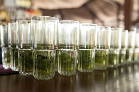 결혼식 파티에서 바에서 칵테일을 많이 레몬과 민트 클로즈업이 있는 모히토 안경 감귤류 과일에 대한 스톡 사진 및 기타 이미지