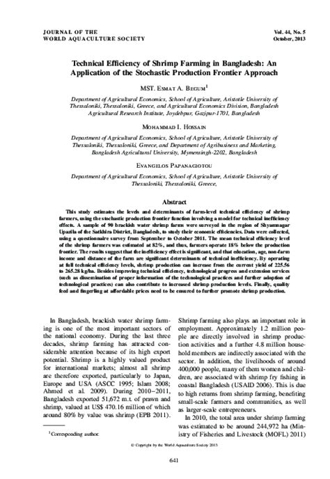 Pdf Technical Efficiency Of Shrimp Farming In Bangladesh An