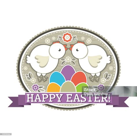 색상 계란 닭고기와 꽃 부활절 라벨 휴일 부활절 인사말 카드입니다 인쇄 디자인 상표 스티커 스크랩 예약 우표 벡터 일러스트 레이 션 0명에 대한 스톡 벡터 아트 및 기타